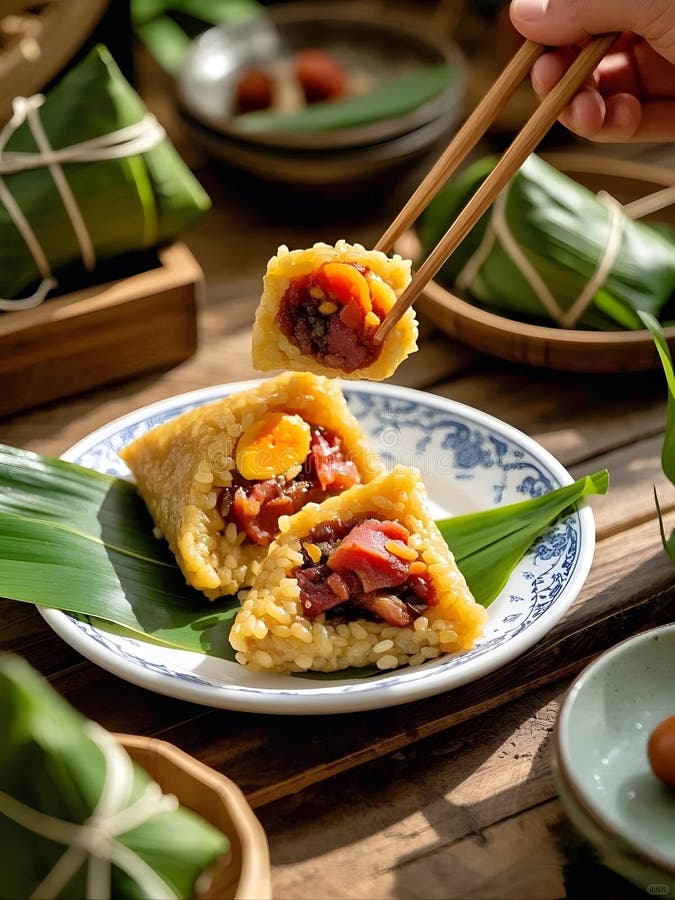 Close-Up of Savory Glutinous Rice Dumpling Wrapped in Bamboo Leaf Stock ...