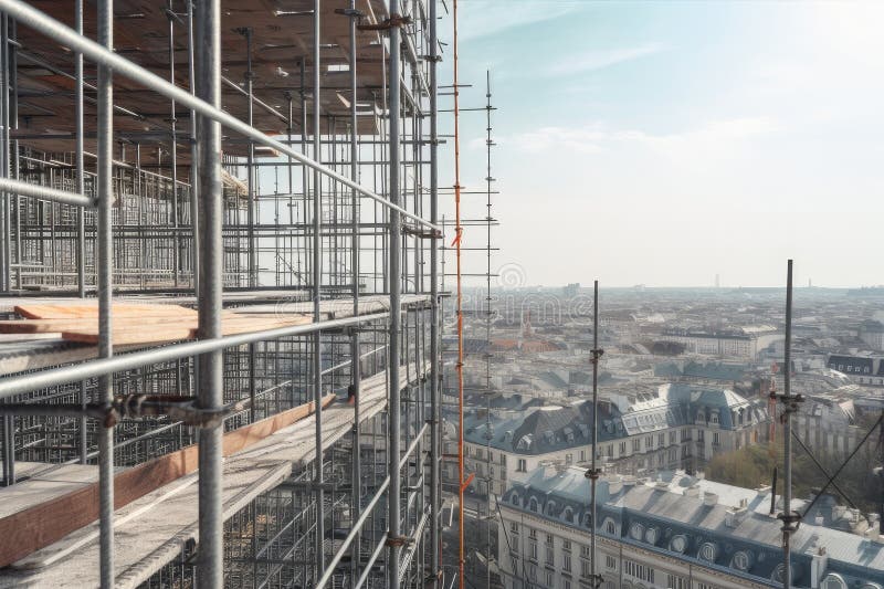 Close-up of Scaffolding and Construction Site with View in the ...