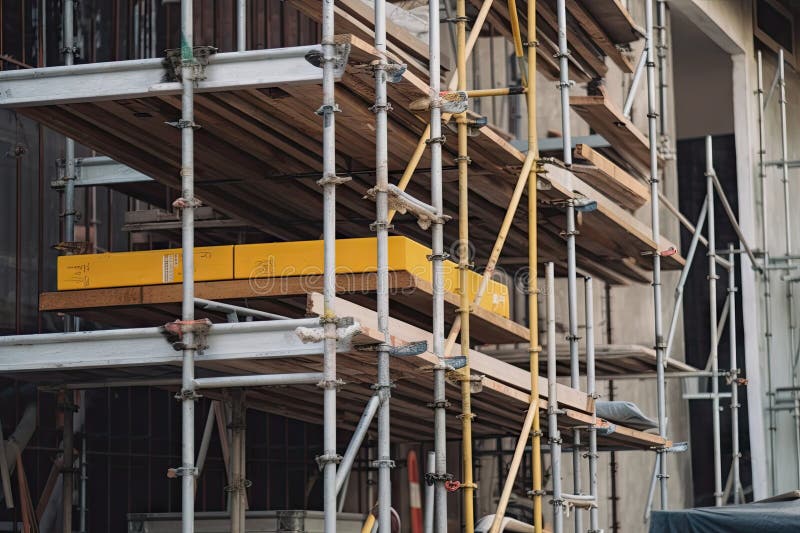 Close-up of Scaffolding with Tools Hanging on the Side in Construction ...