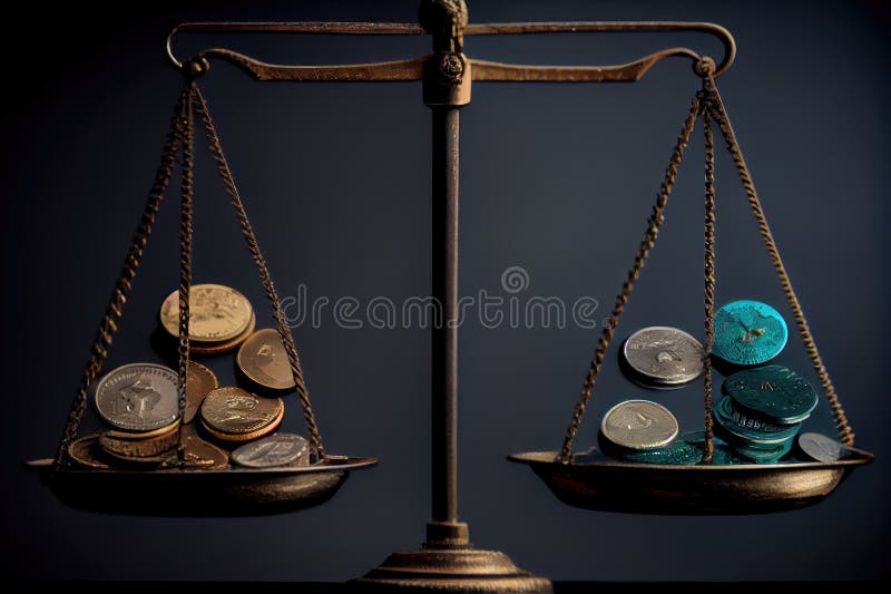 Close-up of Scales, with One Side Empty and the Other Filled with Coins ...