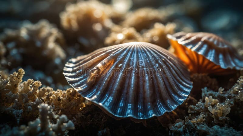 Close-up of a Scallop Shell Resting on Coral, Illuminated by Soft Light ...