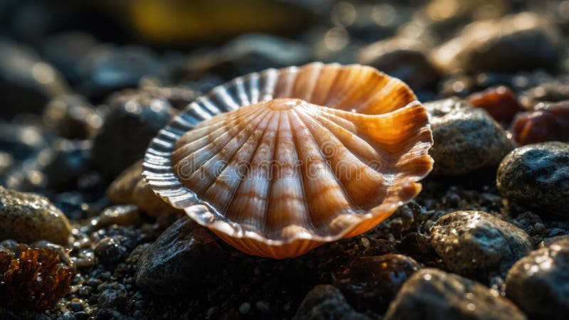A Close-up of a Scallop Shell Resting on Pebbles by the Shore ...