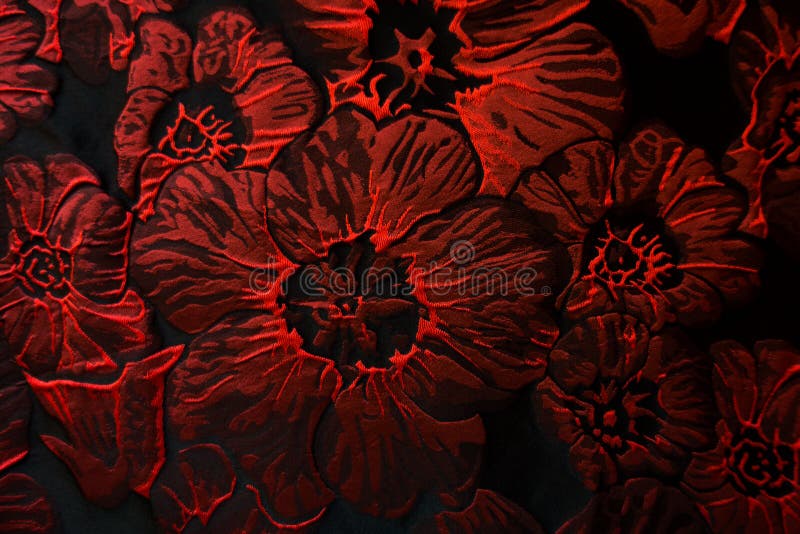 Close Up of Scarlet Red Flowers Pattern on Jacquard Fabric Stock Photo ...