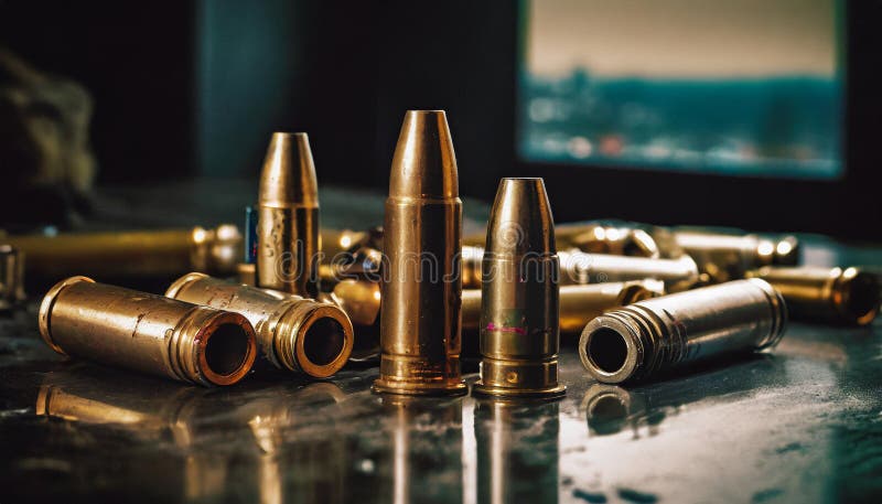 Close-up of Scattered Bullet Casings on Reflective Surface with Moody ...