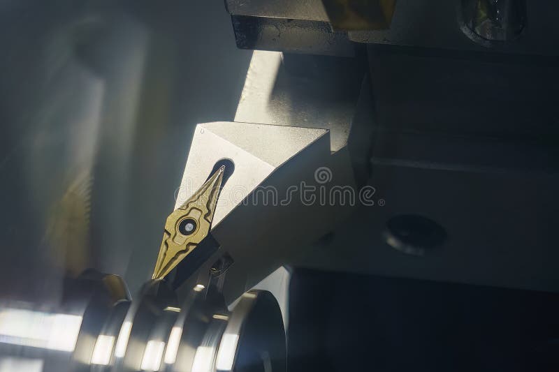 Close Up Scene the Chip Insert Tool Operation on CNC Lathe Machine ...