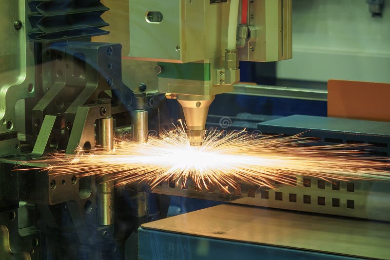 Close Up Scene the Fiber Laser Cutting Machine Cut the Metal Plate ...