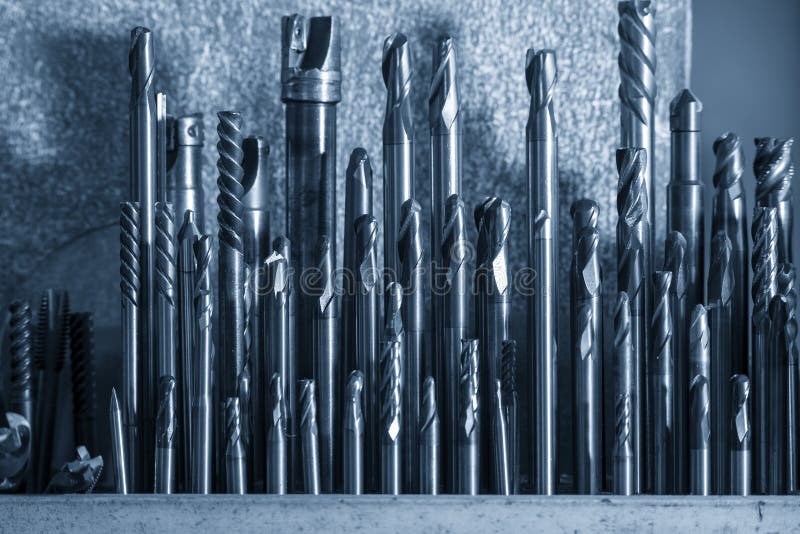 Close-up Scene the Group of Used Cutting Tools for CNC Milling Machine ...