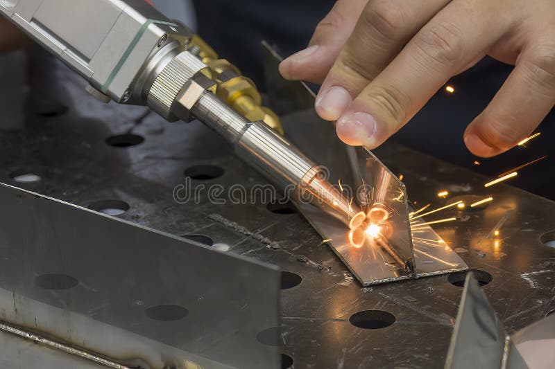 Close Up Scene the Laser Welding Process with the Sparking Light Stock ...