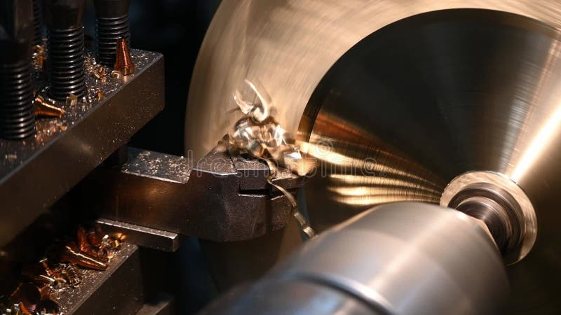 The Close-up Scene of Lathe Machine Finish Cut Process the Brass Shaft ...