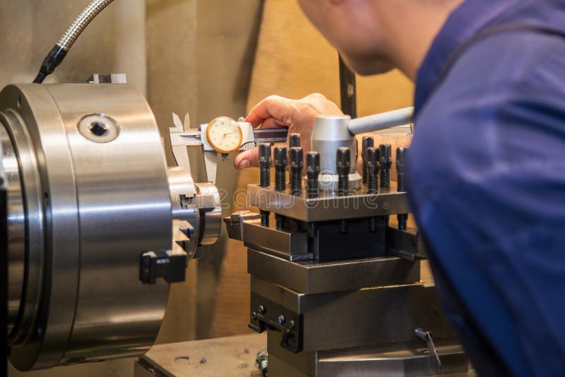 Close Up Scene the Machine Operator Measuring Dimension of Turning ...