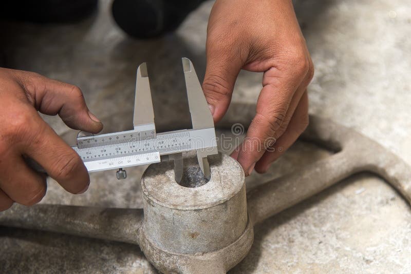 Close Up Scene the Machine Operator Measuring Inside Dimension of Cast ...