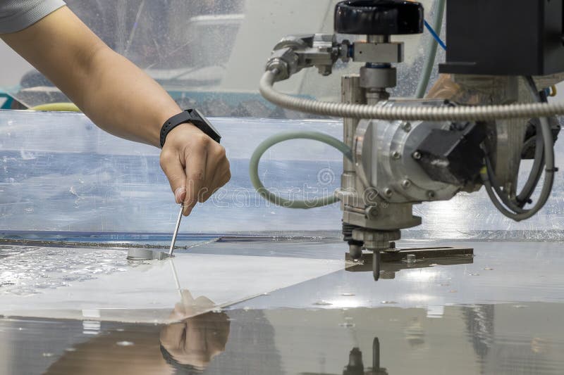 Close-up Scene Skill Operator Working with Multi-axis Abrasive Waterjet ...