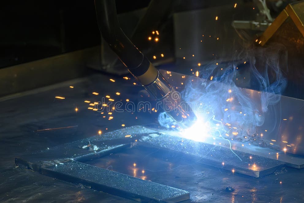 Close Up Scene the Welding Process by Robotic System with Sparkling ...