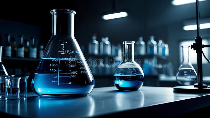 Close-up of Science Lab Beakers with Blue Liquid Stock Illustration ...