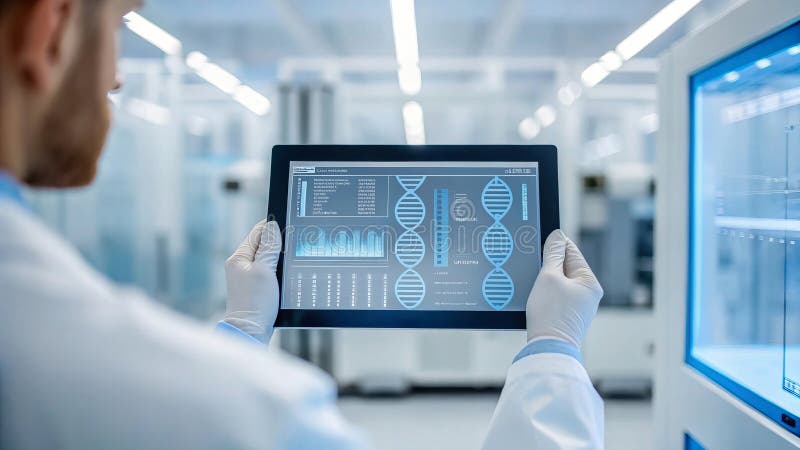 Close Up of Scientist Analyzing Genetic Data on Tablet in Laboratory, Showcasing Advanced ...