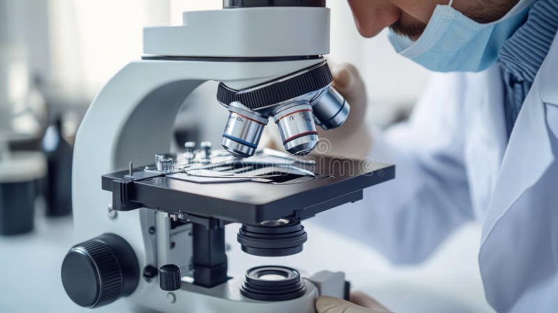 A Close-Up of a Scientist Examining a Slide Under a Microscope Stock ...