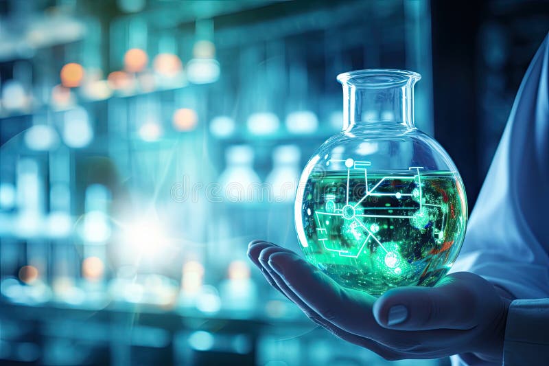 Close Up of Scientist Hand Holding Flask with Green Glowing Network ... Close Up of Scientist Hand Holding Flask with Green Glowing Network ...