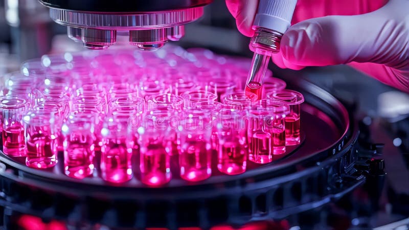 Close-up of a Scientist Pipetting Red Liquid into Small Glass Vials ...