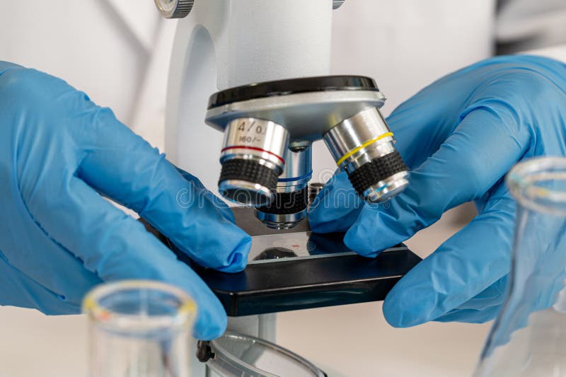 A Close-up of a Scientist S Hand Wearing Blue Gloves and Using a ...