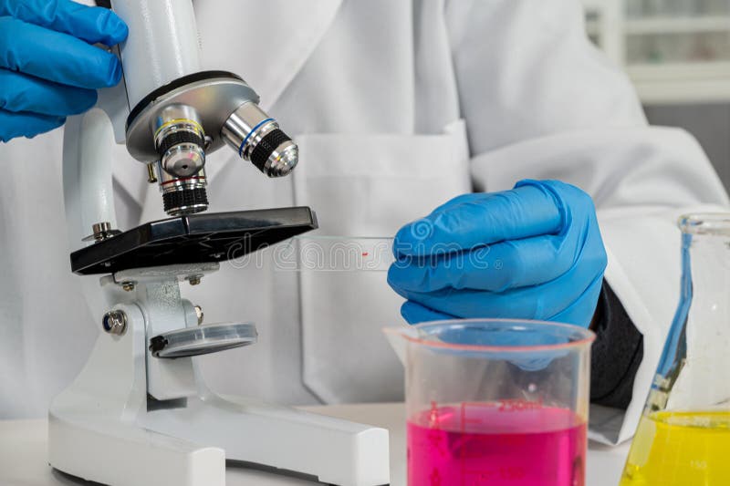 A Close-up of a Scientist S Hand Wearing Blue Gloves and Using a ...