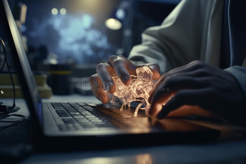 Close - Up of Scientist S Hands Using Laptop and Microscope in Lab, AI ...