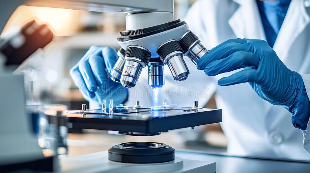 Close-up of a Scientist Using a Modern Microscope with Advanced Optics ...