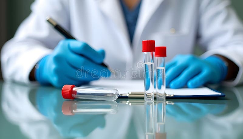 Close-up of a Scientist Writing Notes with Test Tubes in a Laboratory ...