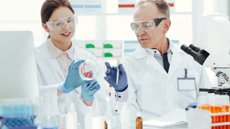 Close Up. Scientists Discussing Samples Sitting at a Laboratory Table ...