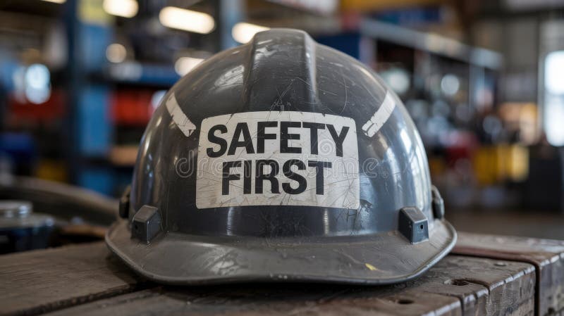 Close-up of a Scratched Safety Helmet with Safety First Text, Placed on ...