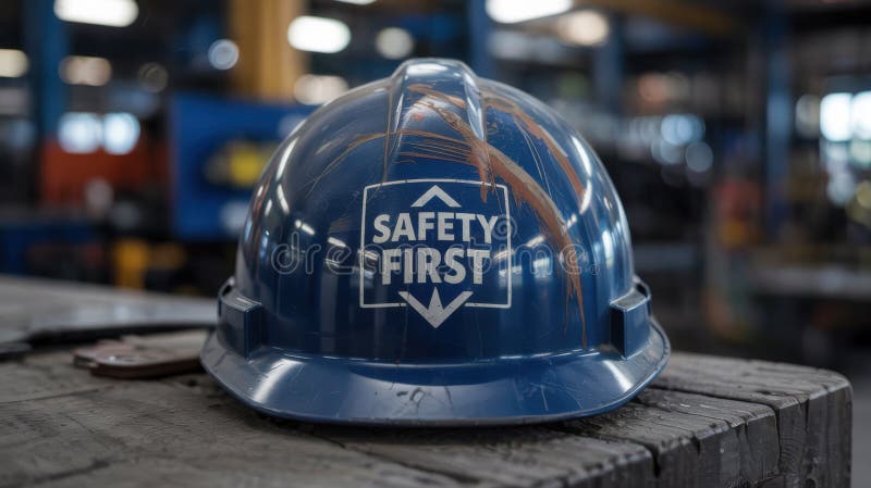 Close-up of a Scratched Safety Helmet with Safety First Text, Placed on ...