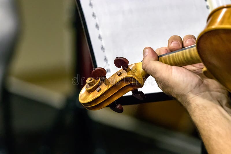 Close Up of the Scroll - Peg Box of a Violin during a Live Performance ...