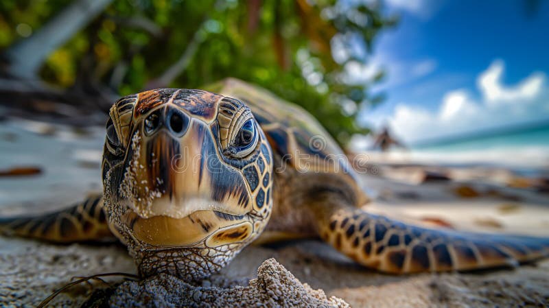 Close-up of a Sea Turtle on the Beach, Clear Tropical Backdrop Stock ...