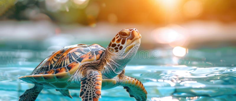 Close-up of a Sea Turtle Emerging from the Water with Sunlight Glowing ...