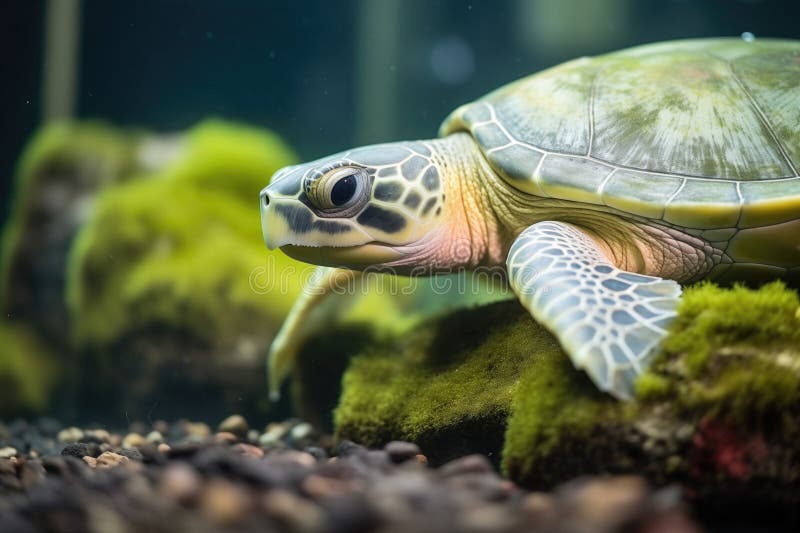 Close-up of Sea Turtle Feeding on Algae-covered Rocks Stock Photo ...