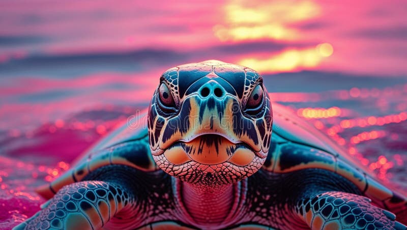 Close Up of a Sea Turtle at Sunset in Pink Water Stock Photo - Image of ...