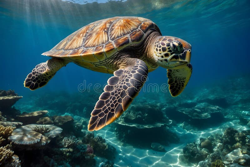 A Close Up of a Sea Turtle Swimming Under Sea Stock Photo - Image of ...