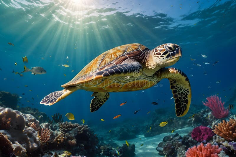 A Close Up of a Sea Turtle Swimming Under Sea Stock Image - Image of ...