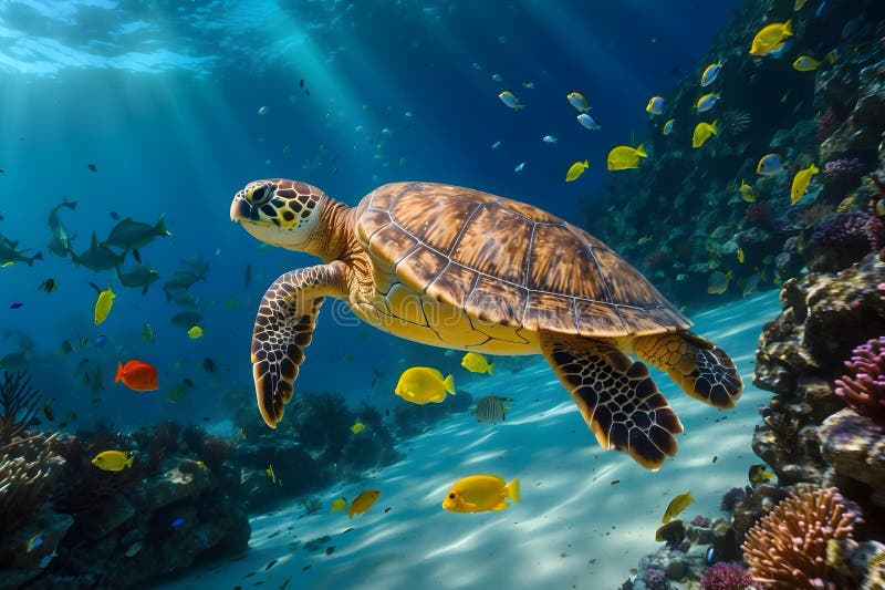 A Close Up of a Sea Turtle Swimming Undersea Stock Image - Image of ...
