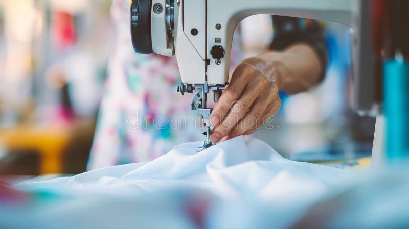 Close-Up of Seamstress S Hands Guiding Fabric on Sewing Machine ...