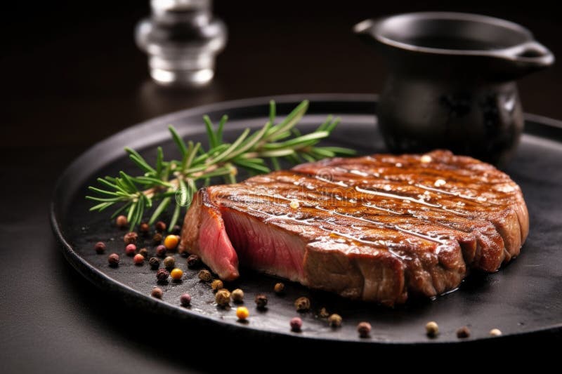 Close-up of Seared Rib-eye Steak on a Black Ceramic Plate Stock Image ...