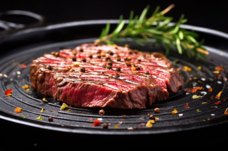 Close-up of Seared Rib-eye Steak on a Black Ceramic Plate Stock Photo ...