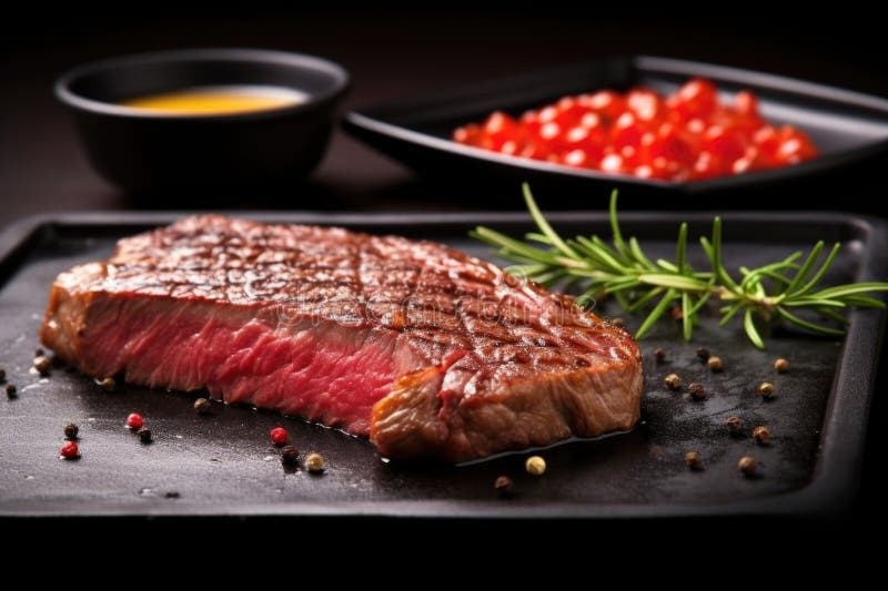 Close-up of Seared Rib-eye Steak on a Black Ceramic Plate Stock Image ...