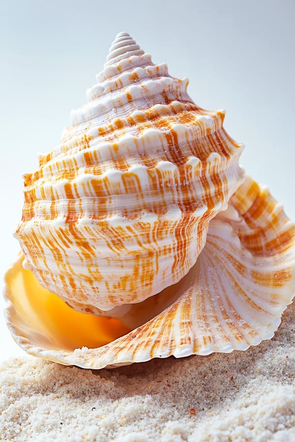 A Large Orange and White Shell Sitting on Top of a Sandy Beach Stock ...