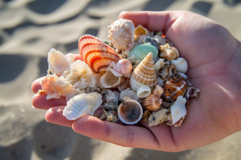 Close-up of Seashells and Other Beach Treasures in Hand Stock ...