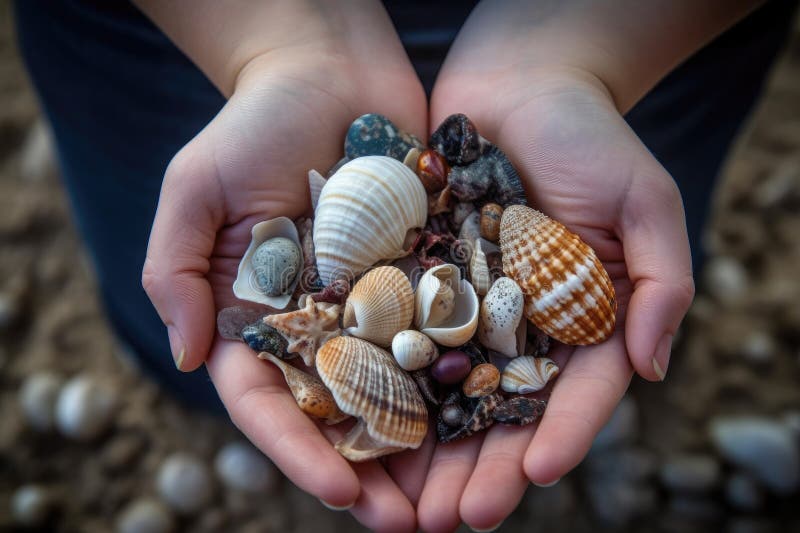 Close-up of Seashells and Other Beach Treasures in Hand Stock ...