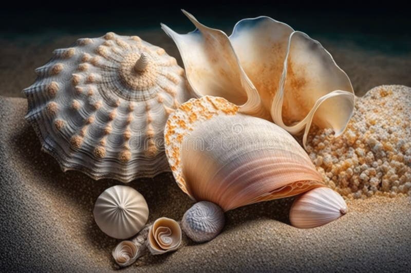 Close Up of Seashells in Sand on Beach by Sea, Created Using Generative ...