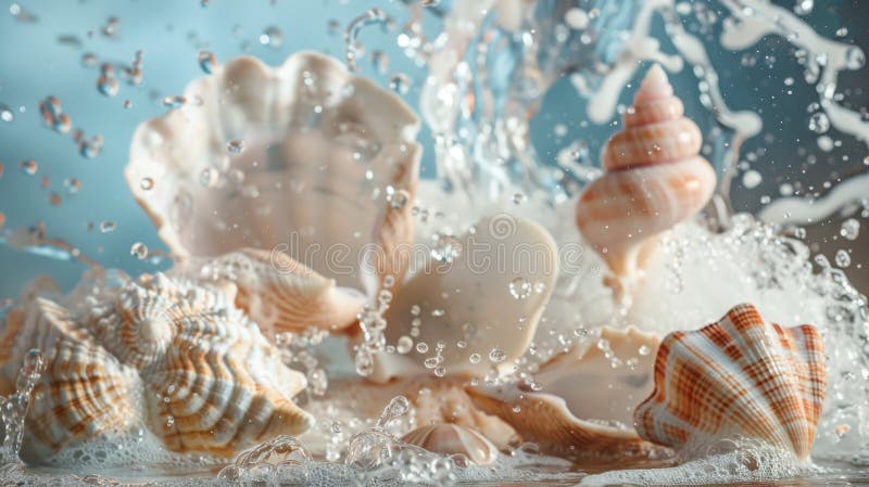 Close-up of Seashells with Water Splash on Blue Background Stock Photo ...