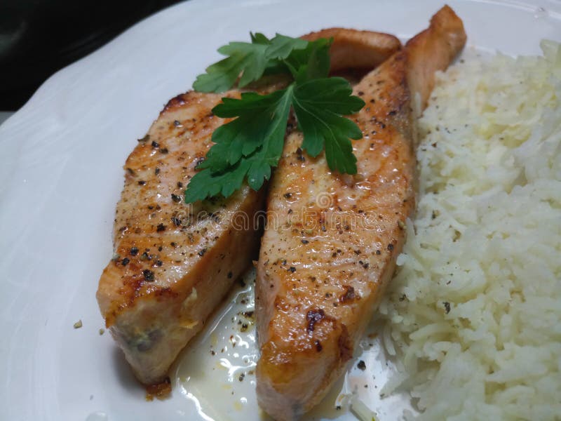 Close-up of Season Fried Salmon on a Plate Stock Photo - Image of ...