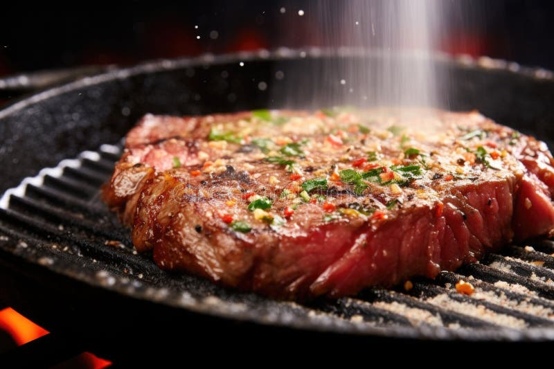 Close-up of Seasoning Sprinkled on a Sizzling Steak Stock Illustration ...