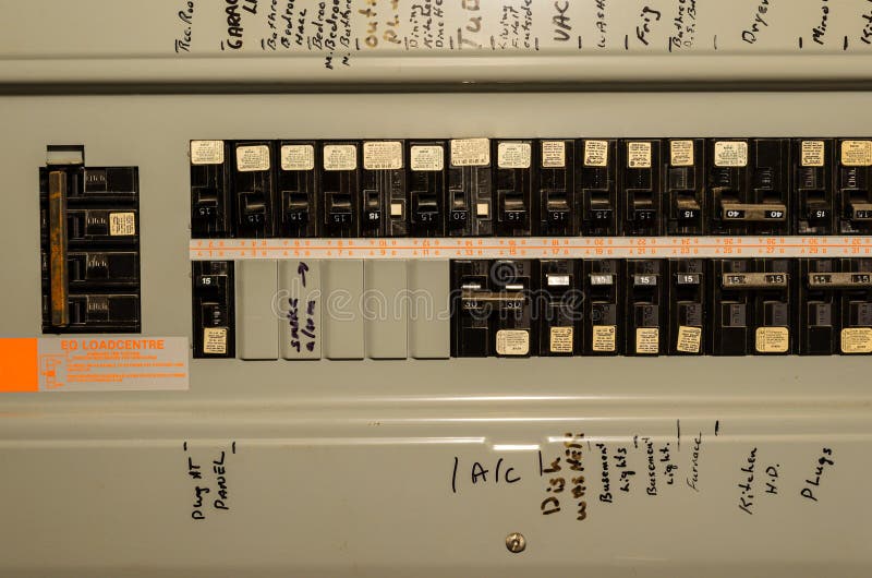 Close-up of a Section of a Residential Circuit Breaker Panel Editorial ...
